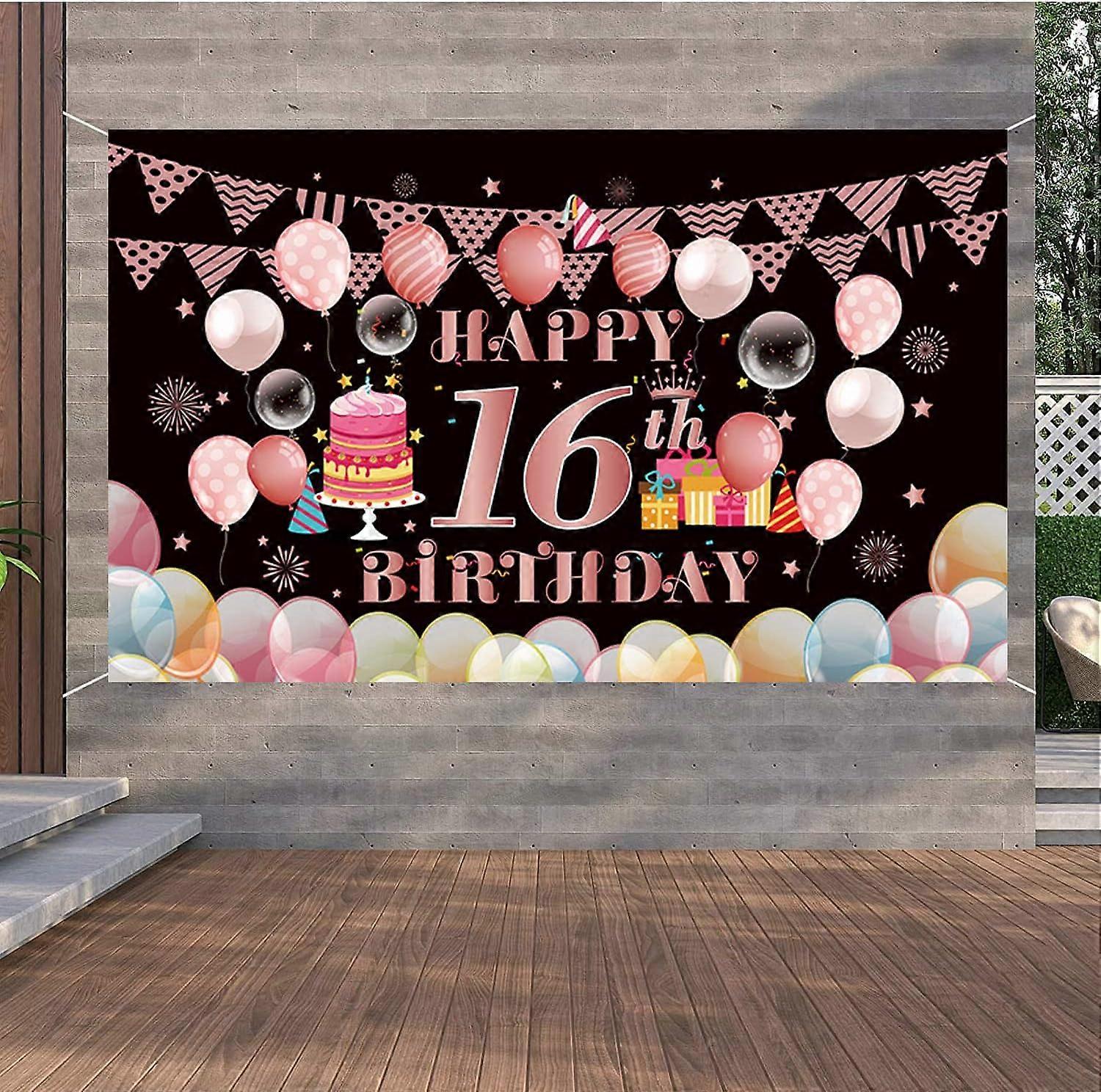 Rose Gold Happy 16th Birthday Banner Backdrop Sixteen Birthday ...