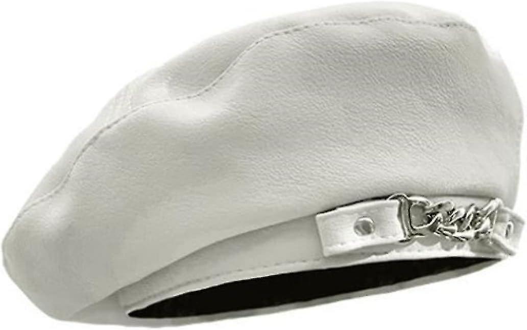 French Beret Vintage Beret Hats for Women Solid Artist Hat Pu Leather Metal Chain Flat Top Hat ...
