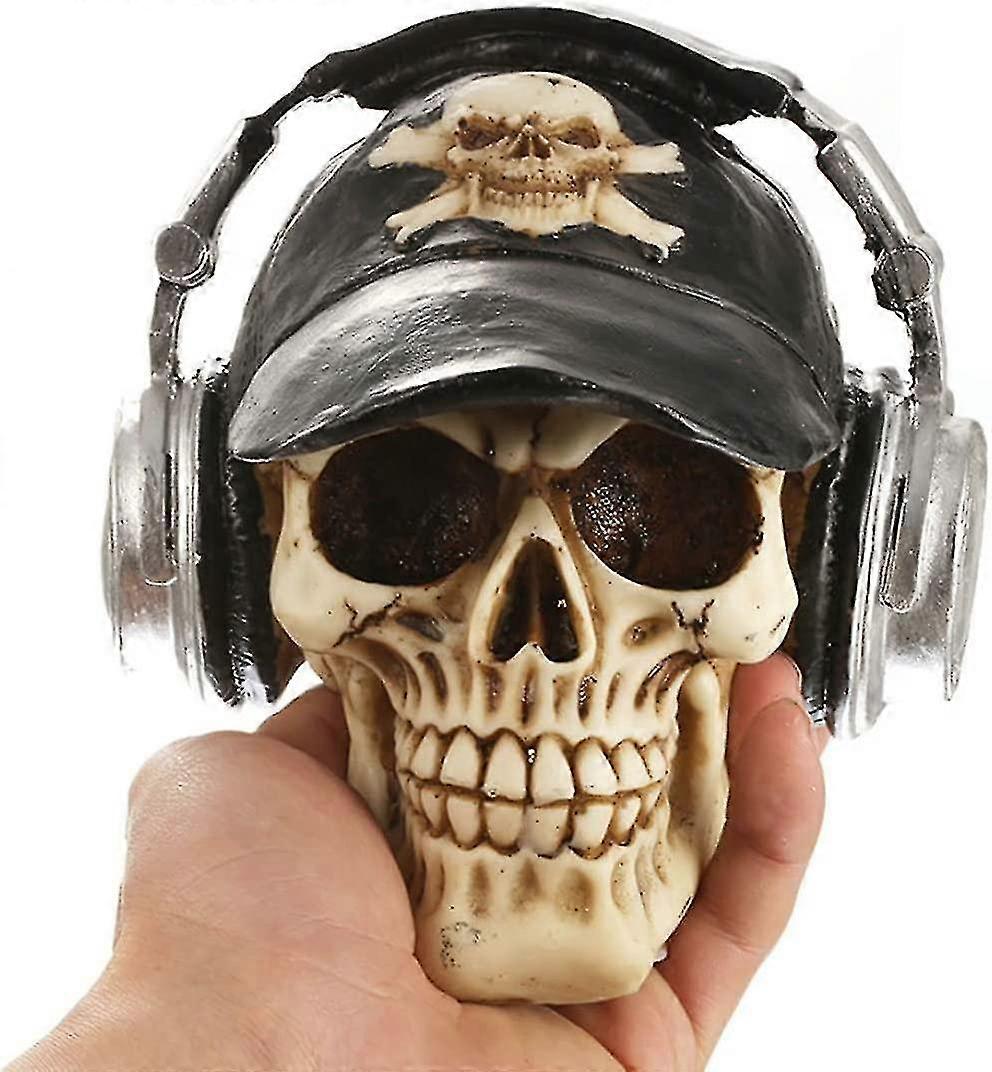 Skull With Headset Ornament,halloween Resin Skeleton Skull Figurine ...