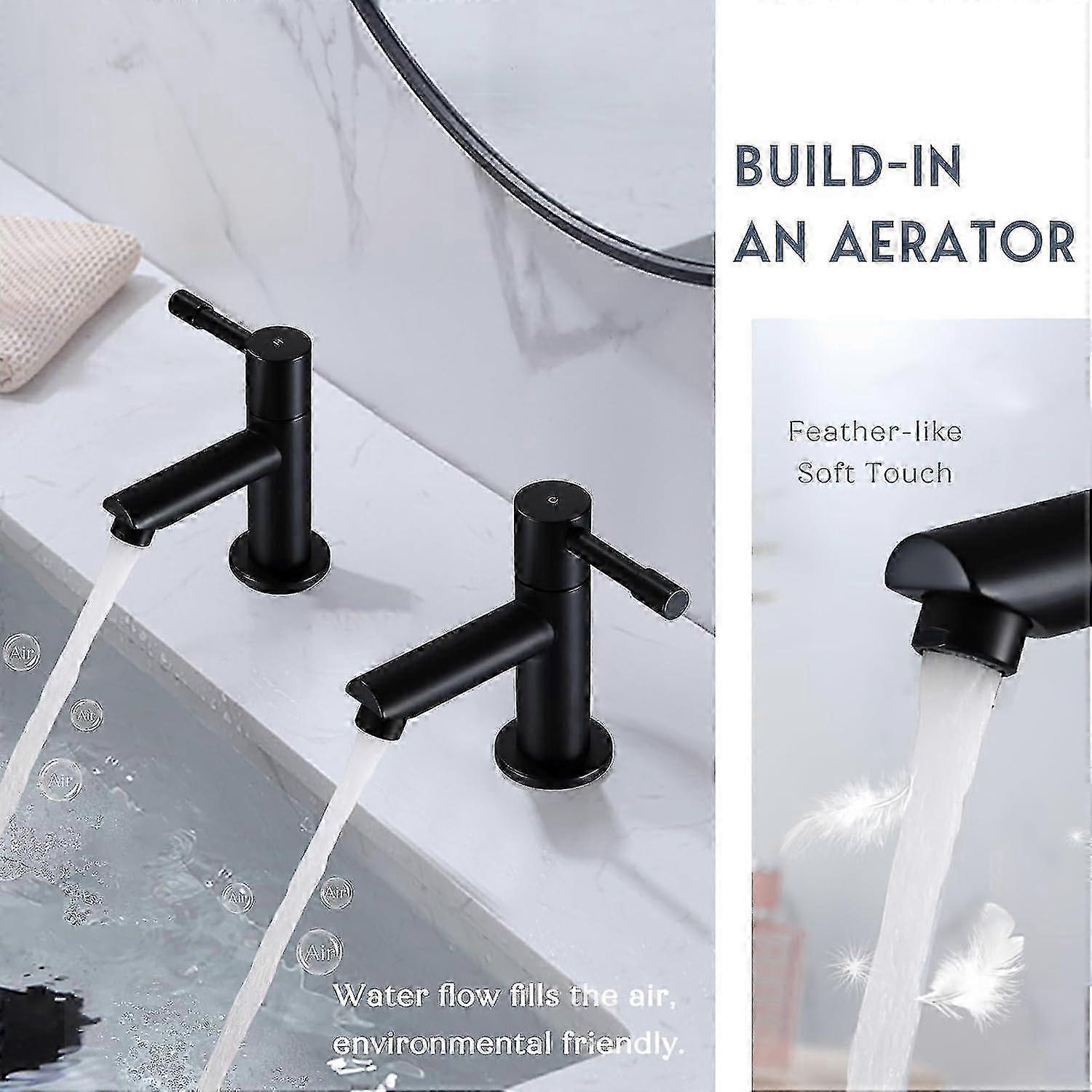 SWHY Professional Basin Pillar Taps Pair Black Twin Bathroom Sink Mixer ...