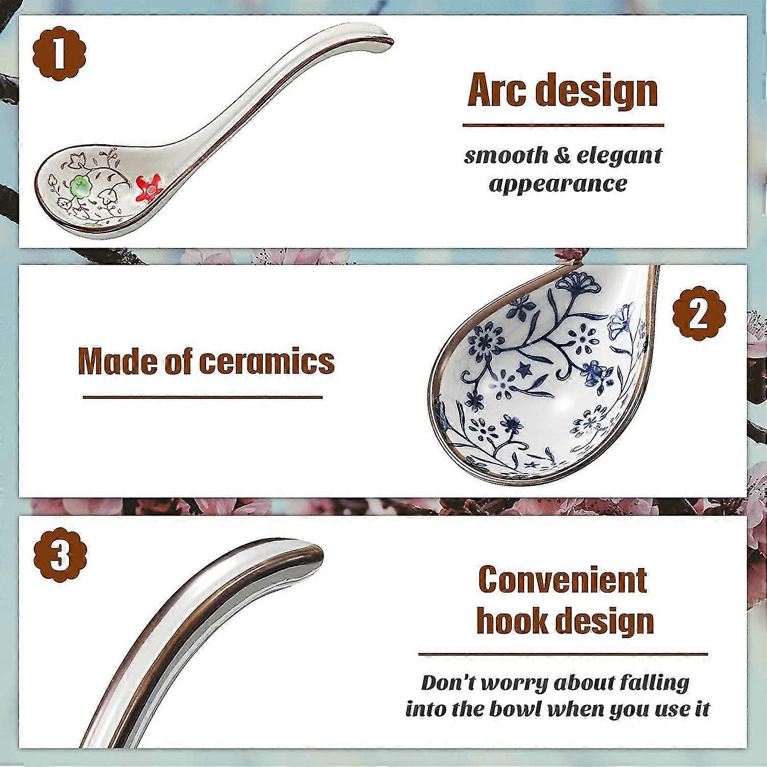 4 Pieces Asian Retro Chinese Ceramic Rice Spoons Curved Handle Ramen ...