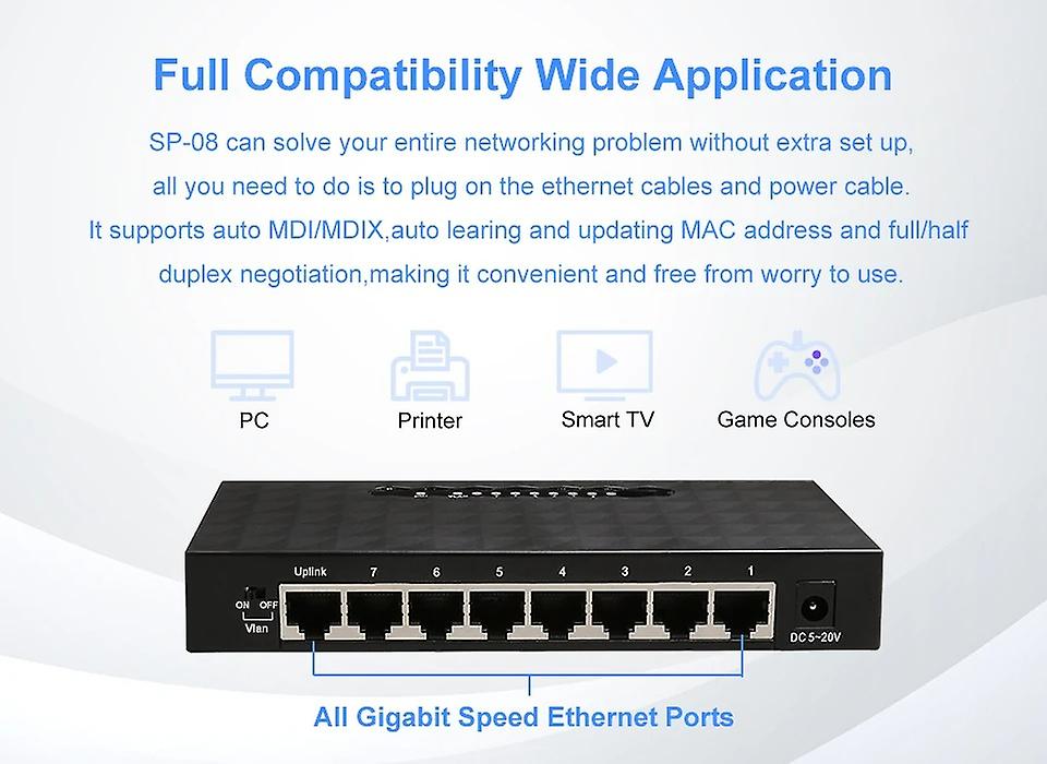 8-Ports 10/100/1000Mbps Unmanaged Ethernet Switch Home Network Hub Plug ...