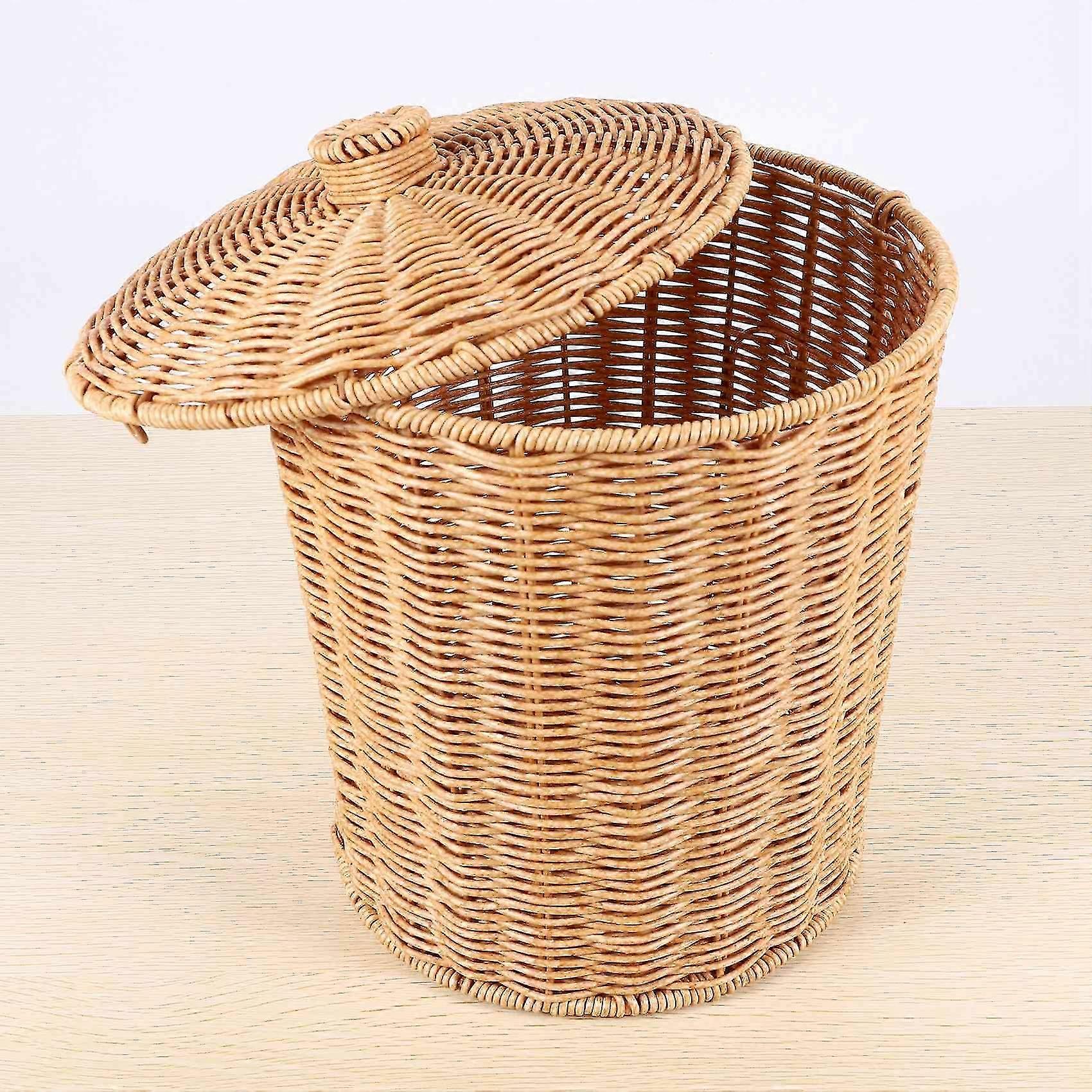 Woven Basket Trash Can Round Rattan Waste Basket With Lid Planter Woven ...