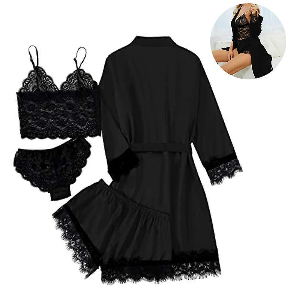 4 Pieces Women's Satin Floral Lace Cami Top Lingerie Pajama Set with ...