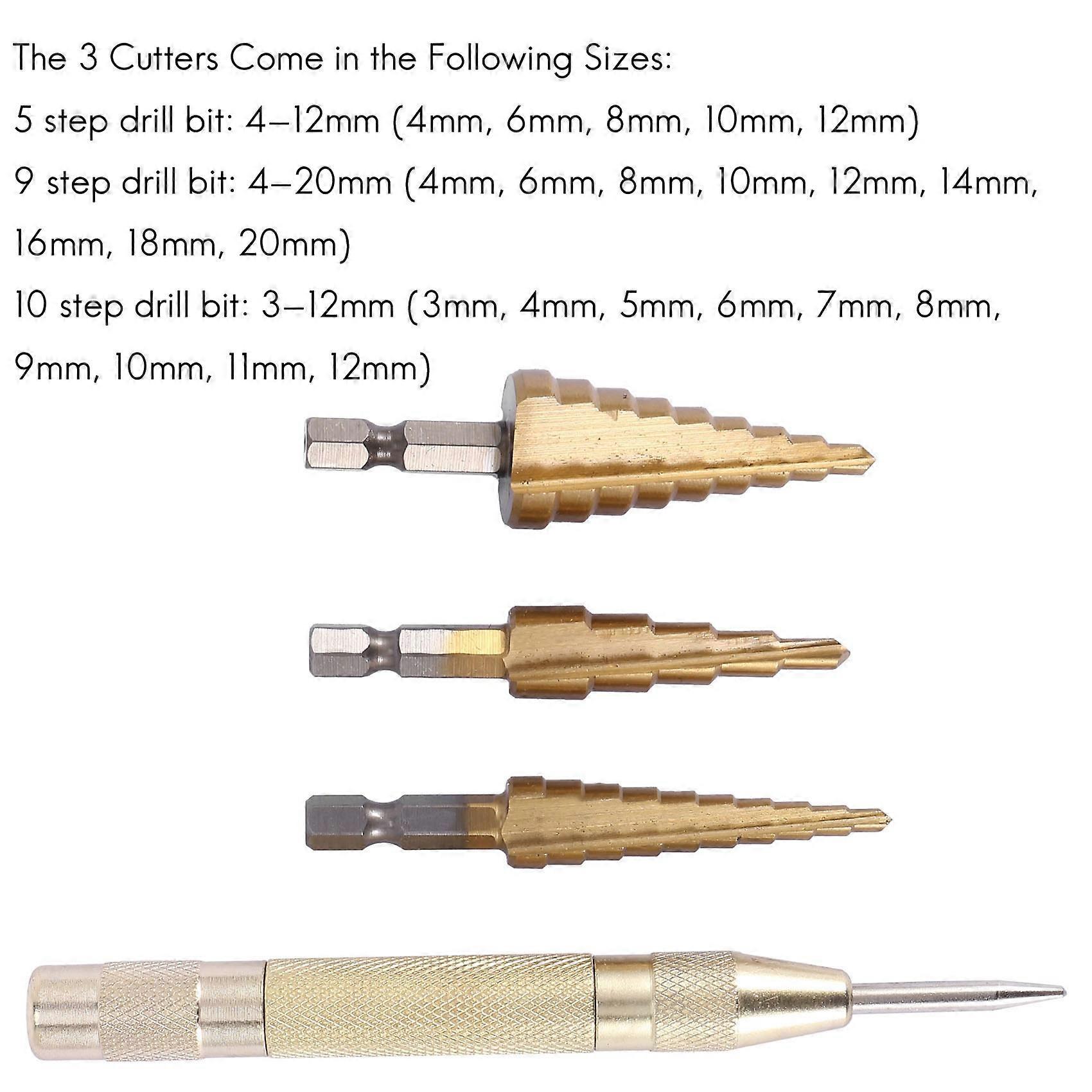 3 pcs HSS Titanium Step Drill Bit Set & 1 pcs Automatic Center Punch ...