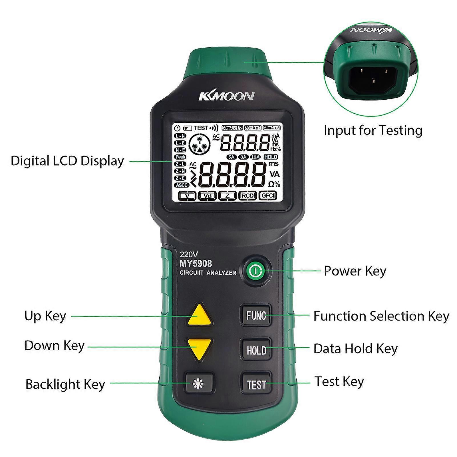My5908 Digital Circuit Analyzer Lcd Backlight True Rms Ac Voltage Rcd Gfci Electrical Tester