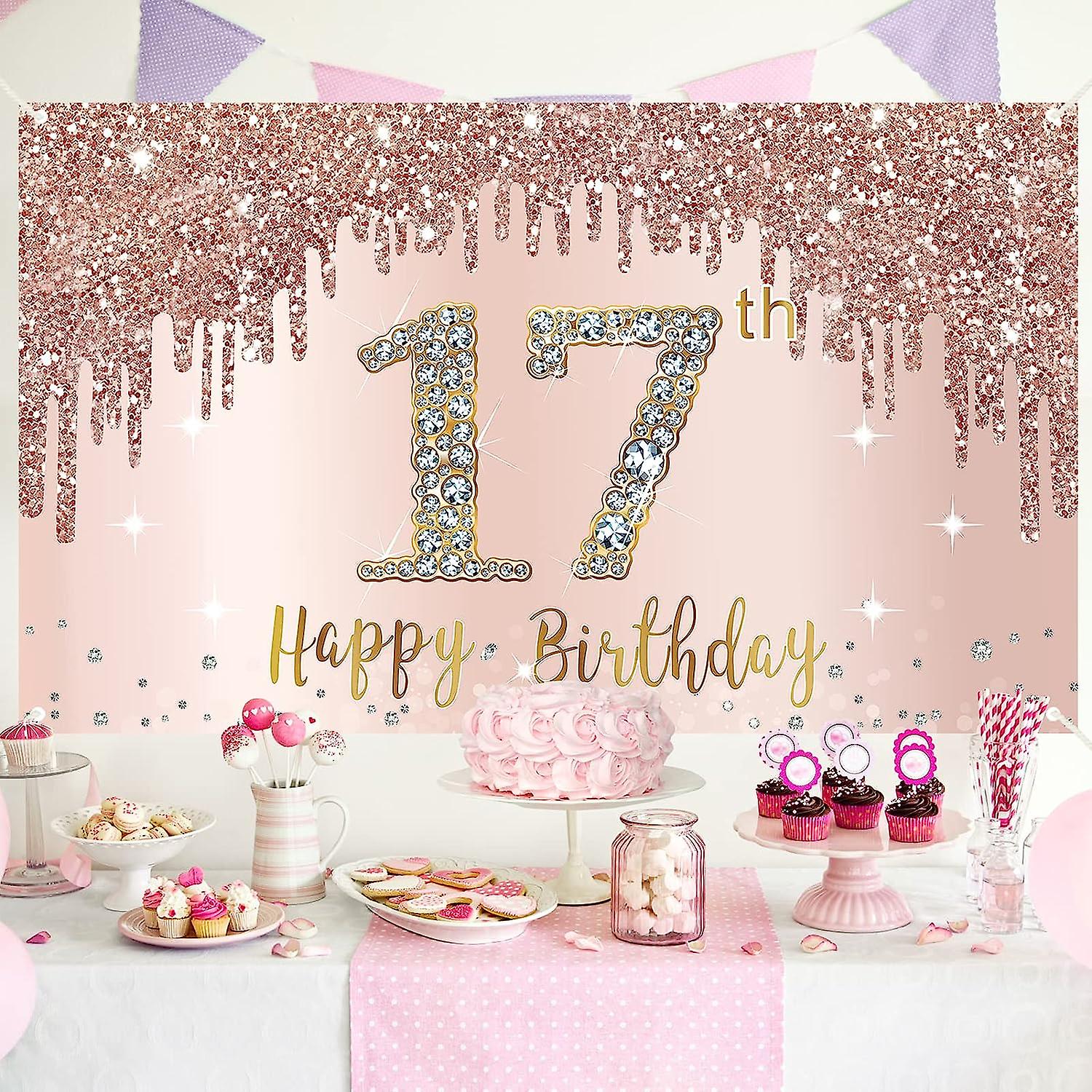 Happy 17th Birthday Banner Backdrop Decorations For Girls, Rose Gold 17 ...