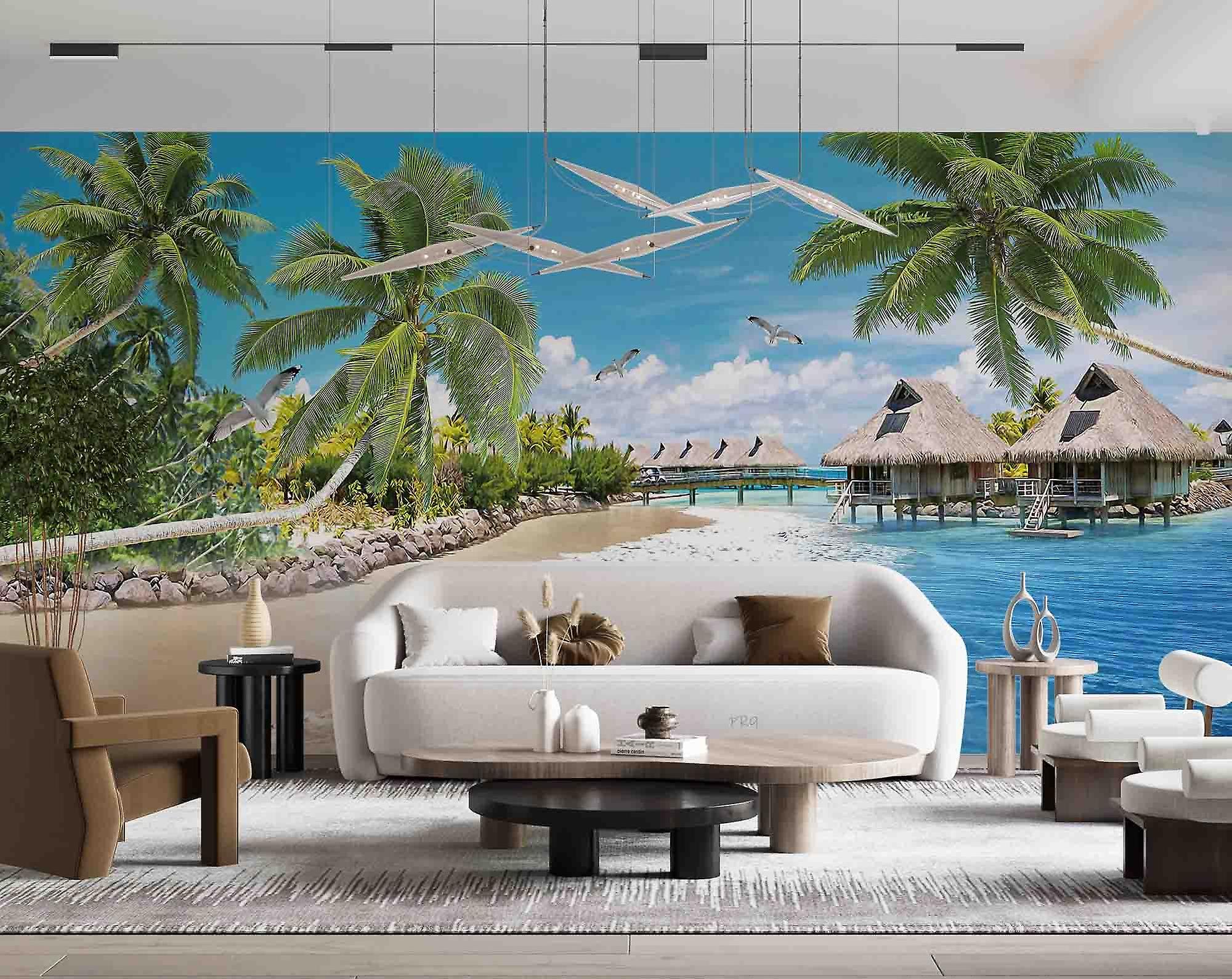 3D Tropical Beach Ocean Waves Sea Coconut Tree Resort Wall Mural ...