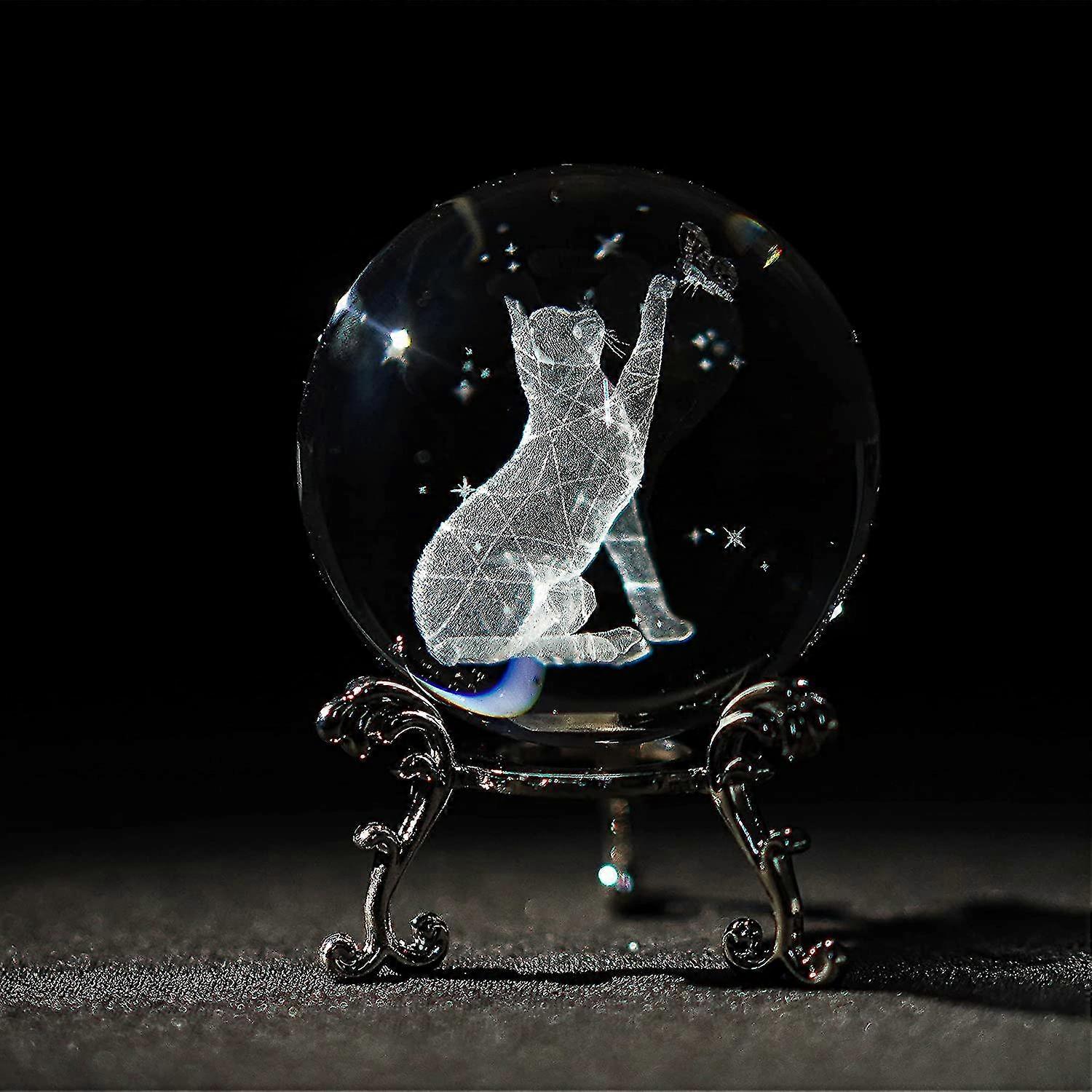 3d Crystal Ball Laser Cat Figurine Glass Paperweights Ball With Stand ...