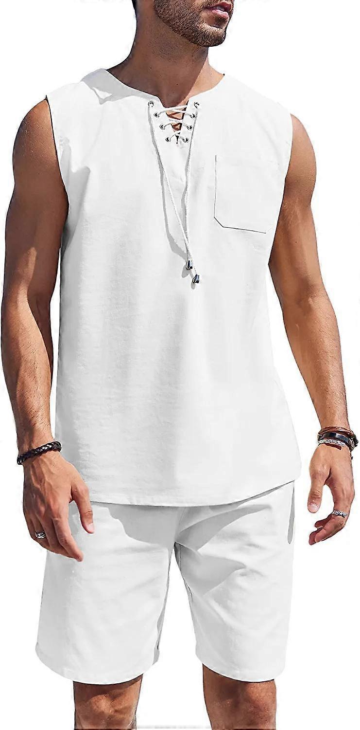 Mens Linen Sets Outfits 2 Piece Beach Drawstring Tank Tops Sleeveless Shirt Matching Shorts Set ...