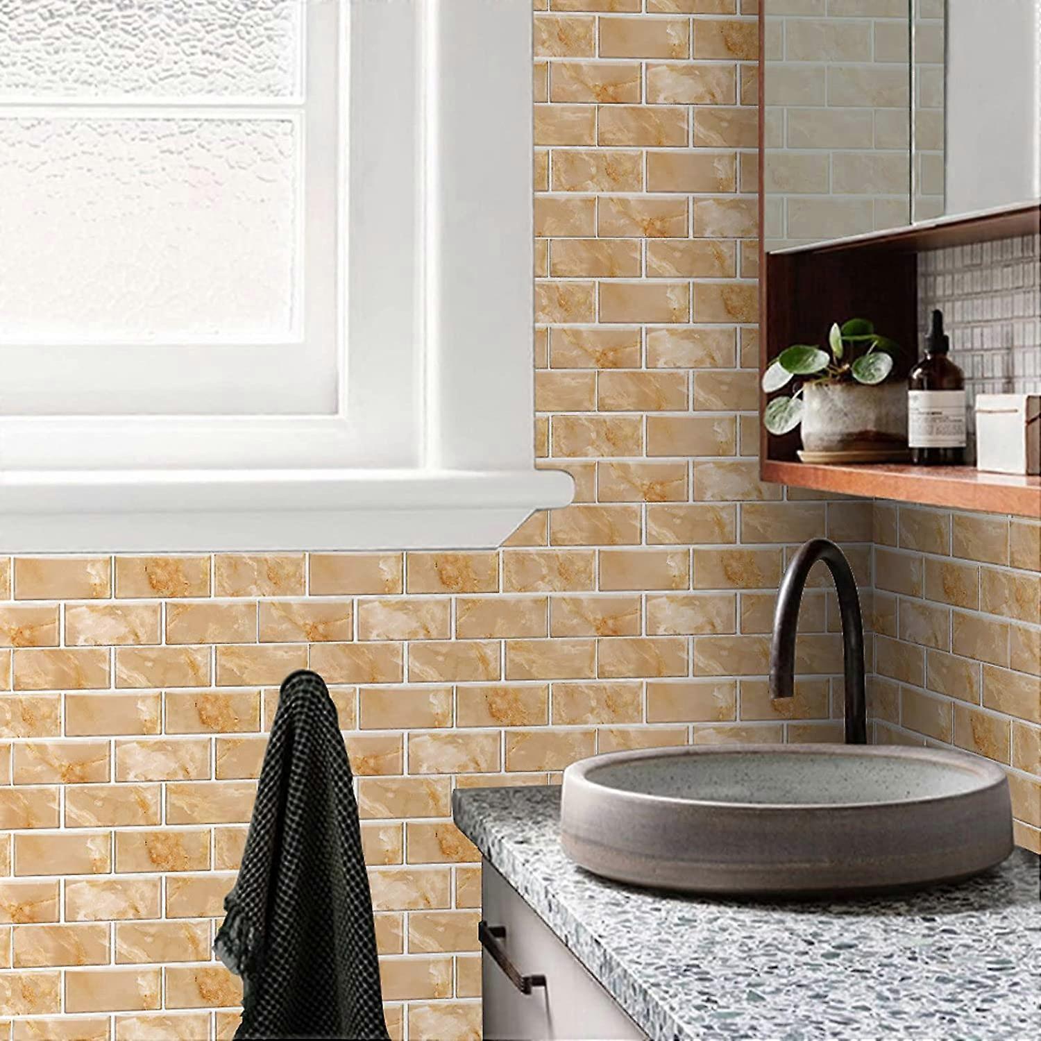 6 Pieces Bathroom Tile Stickers Yellow Vintage Brick Pattern Wall ...