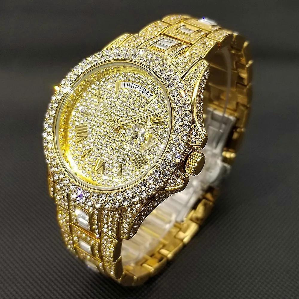 Full Iced Out Watch For Men Luxury Gold Hip Hop Diamond Quartz Mens ...