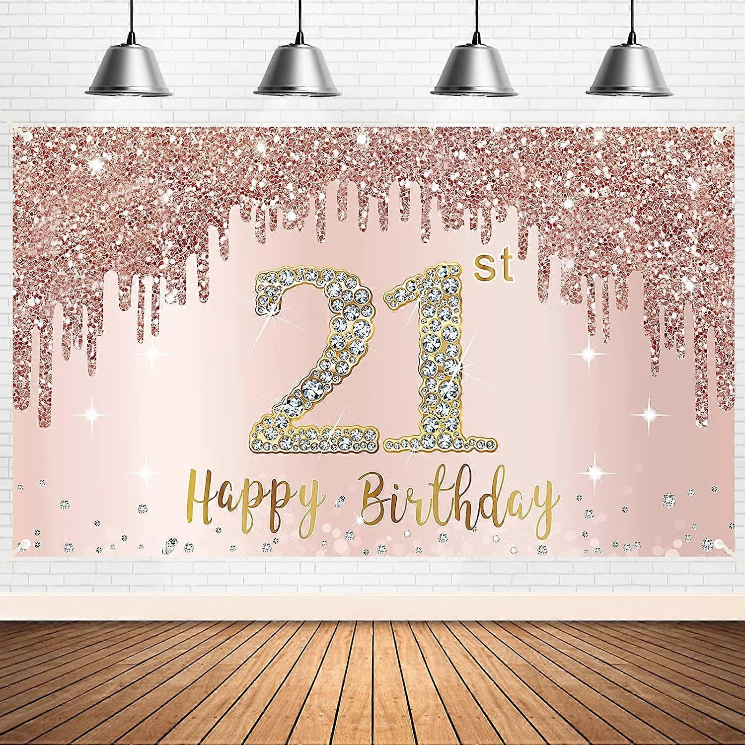 Happy 21st Birthday Banner Backdrop Decorations for Girls, Rose Gold 21 Birthday Party Sign ...