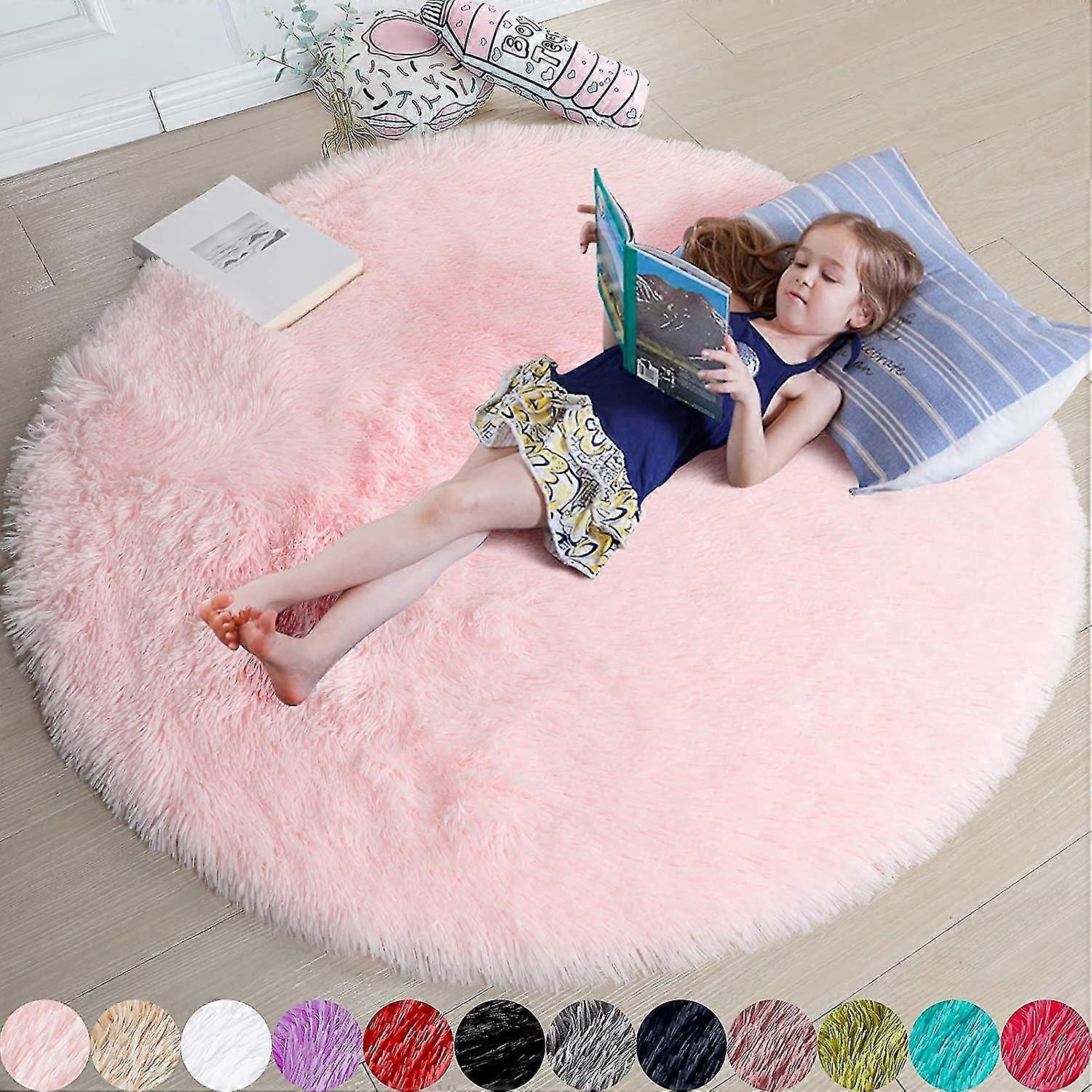Blush Round Rug For Bedroom,fluffy Circle Rug 4'x4' For Kids Room,furry ...