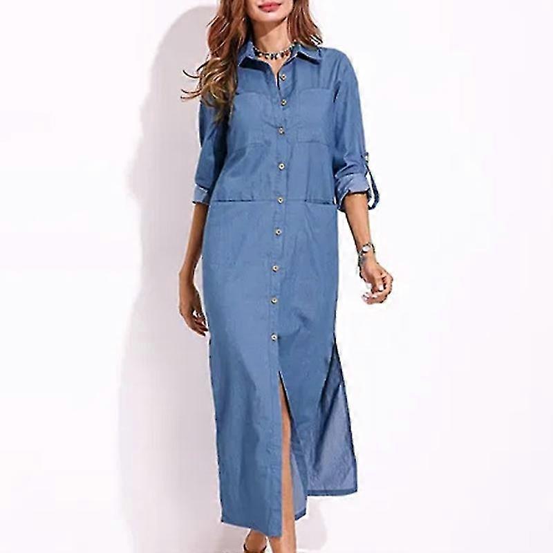 Ladies Jean Dresses Long Sleeve Denim Shirt Dress Women Travel Single ...