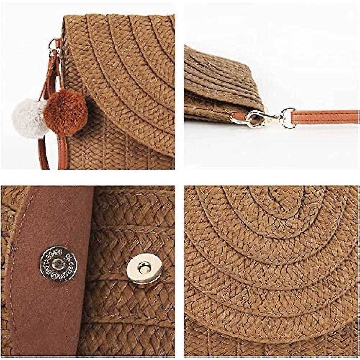 Straw Shoulder Bag Straw Clutch Women Hand-woven PomPom Straw Crossbody ...