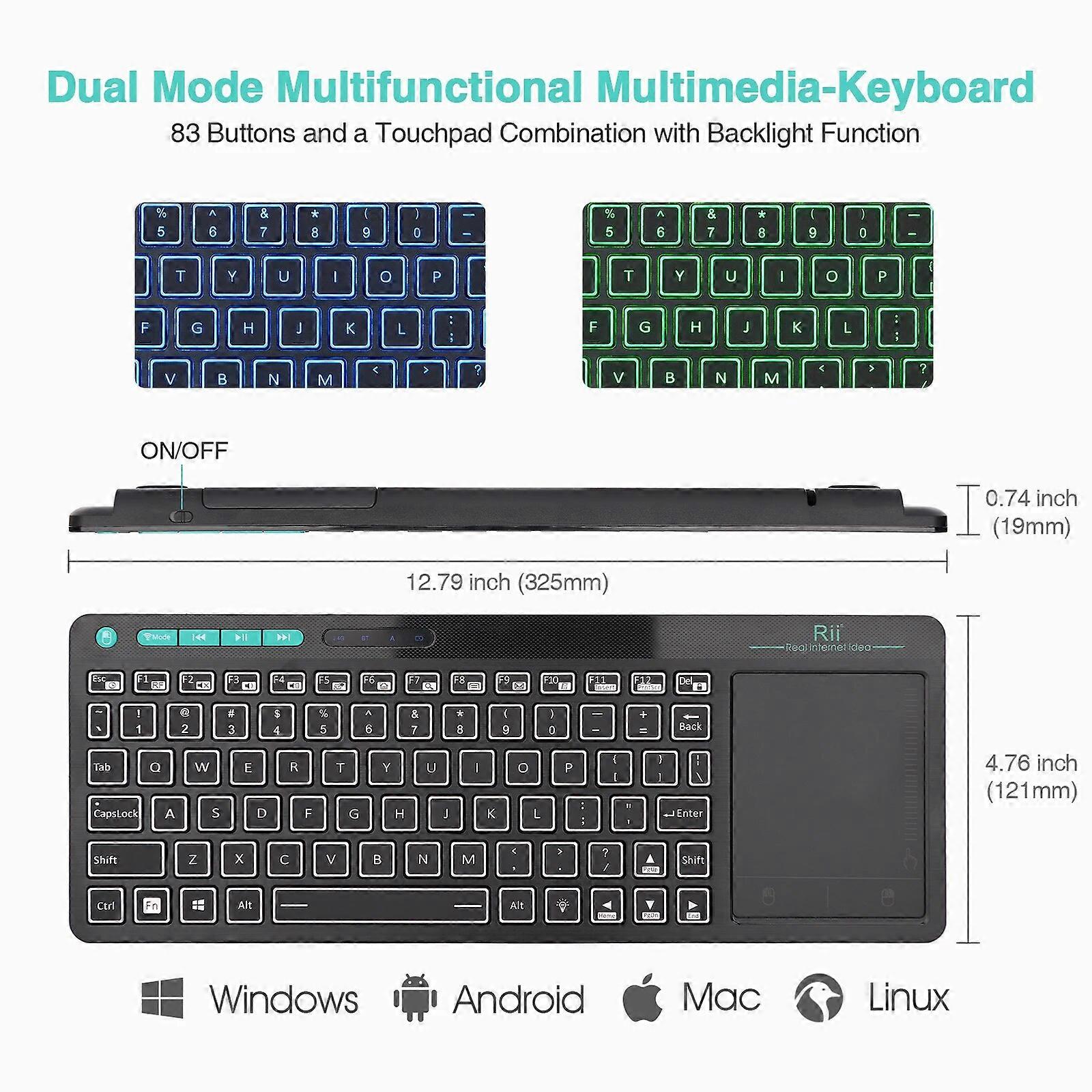 RII RT518S Bluetooth Wireless Mini Keyboard Multimedia 2-LED Color ...