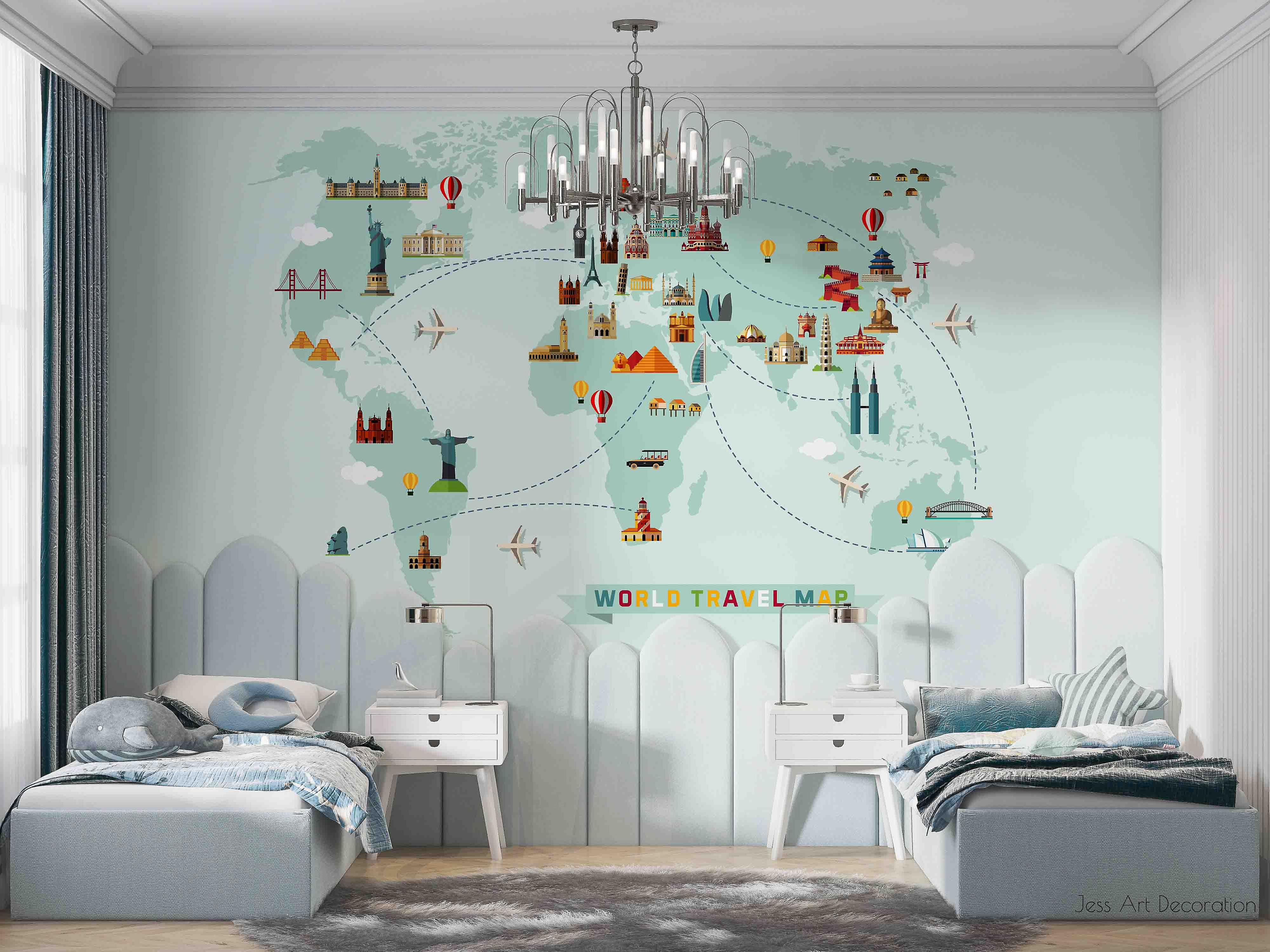 3d grön tecknad världskarta väggmålning tapet | Fruugo SE