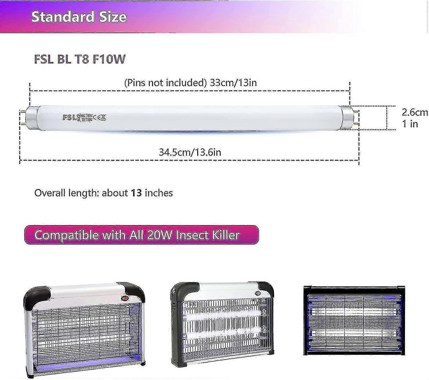 Fsl T8 F10w Bl Replacement Bulb For Mosquito Killer Lamp, 34.5cm Uv Tube For 20w Mosquito Killer ...