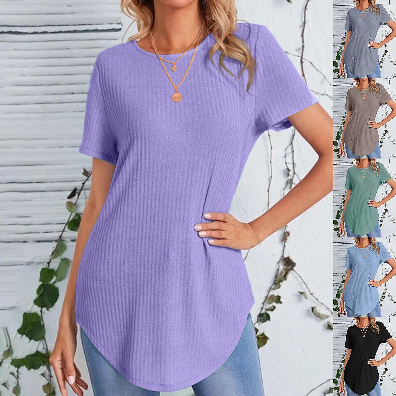 Womens Button Back Tops Round Neck Summer Short Sleeve Casual Tshirts ...