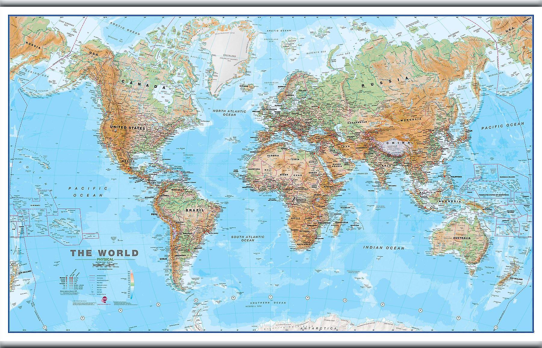 Large World Wall Map Physical (Hanging bars) | Fruugo UK