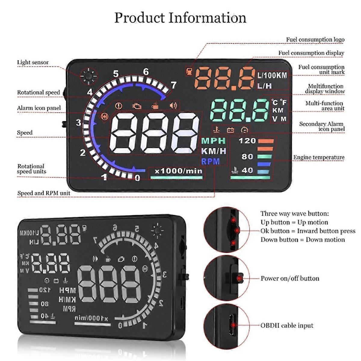 AD 5.5Inch OBD2 HUD Car HUD Digital Speedometer Windshield Speed with ...