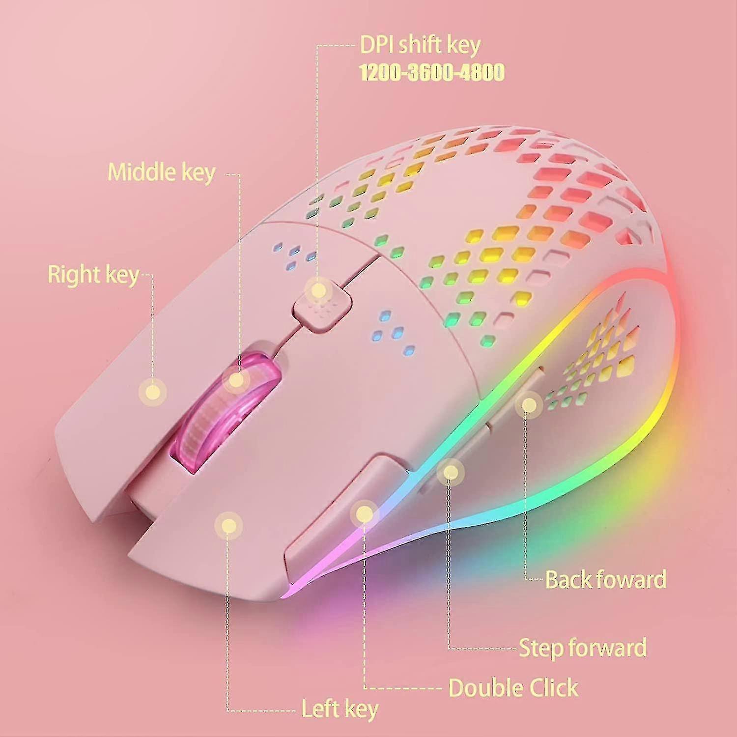 Pink Gaming Mouse, Wireless Mouse Rechargeable Honeycomb Wireless ...