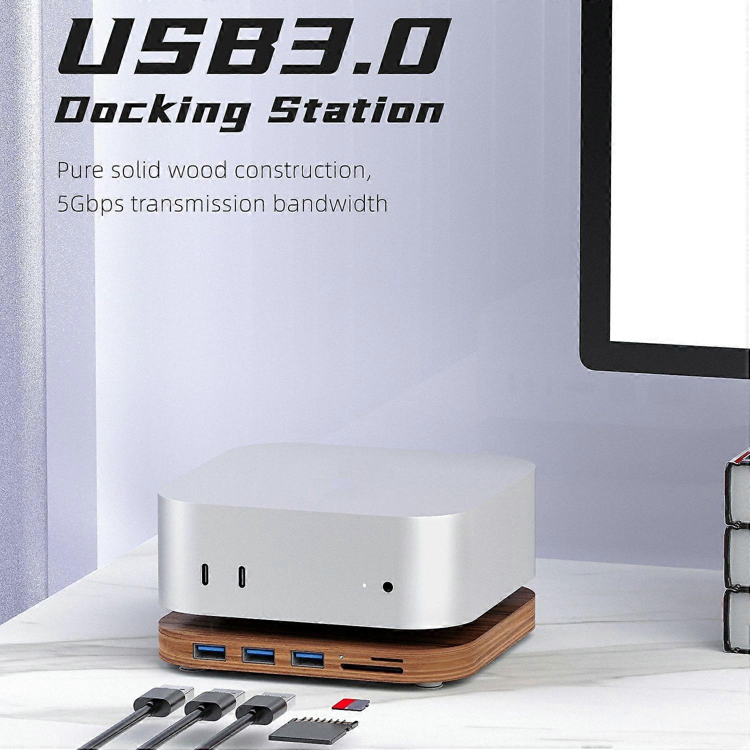 AJM4-H For Mac Mini M4/M4 Pro Wooden Expansion Dock USB 3.0 Hub Stand ...