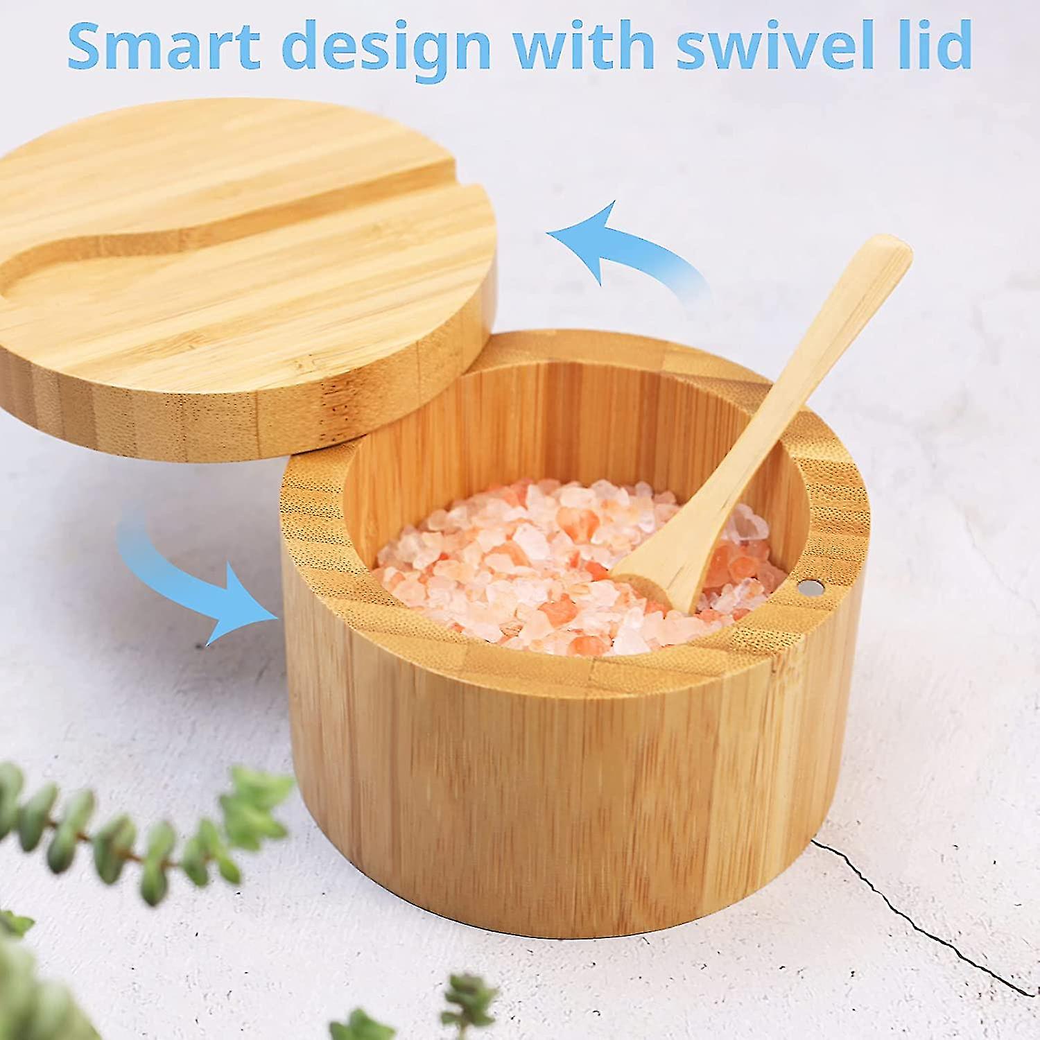 Bamboo Salt Wine Bottle With Mini Spoon, Kitchen Salt Box With Rotating ...