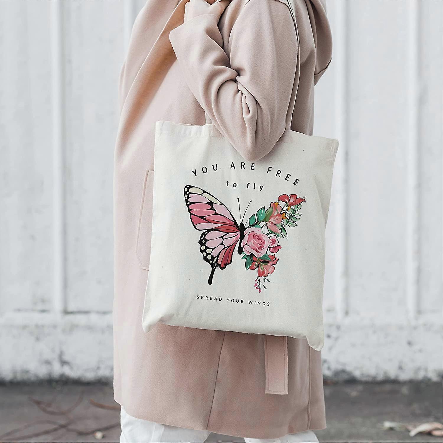 Cute Canvas Tote Bag with 2 Inner Pockets Butterfly Aesthetic Gift Tote ...
