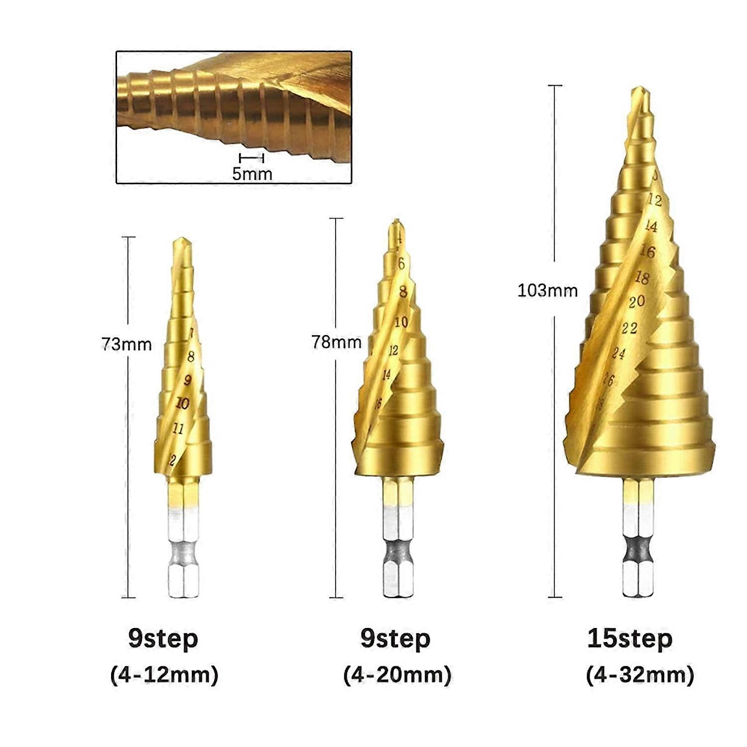 3pcs HSS Titanium-Coated Spiral Groove Step Drill Bit 4-12 4-20 4-32 ...