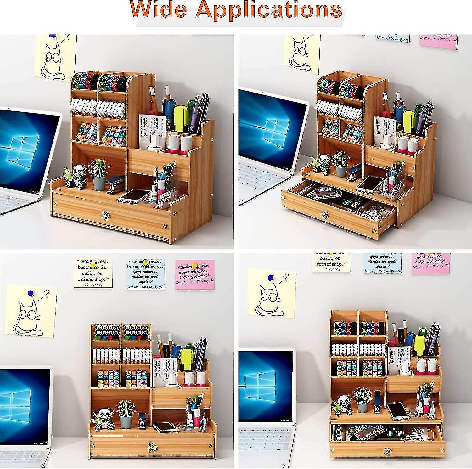 Wooden Desk Organiser Diy Desktop Tidy Pen Holder Large Capacity ...