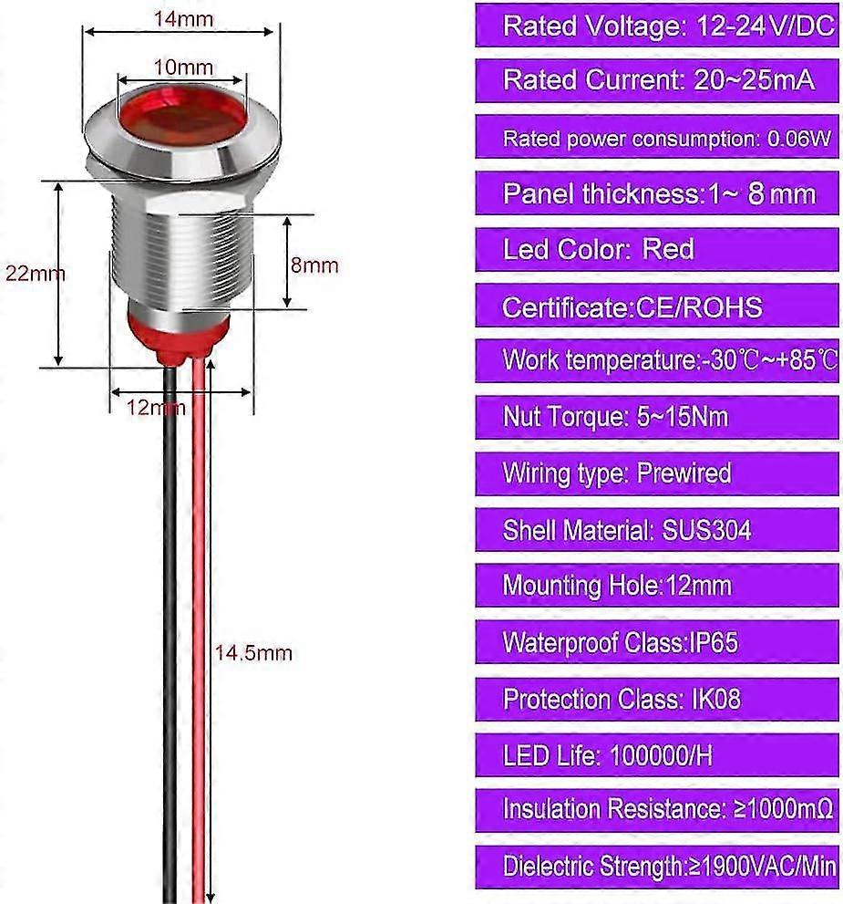 5pcs 12mm 12/24vdc Led Metal Indicator - Waterproof Light Signal Pilot ...
