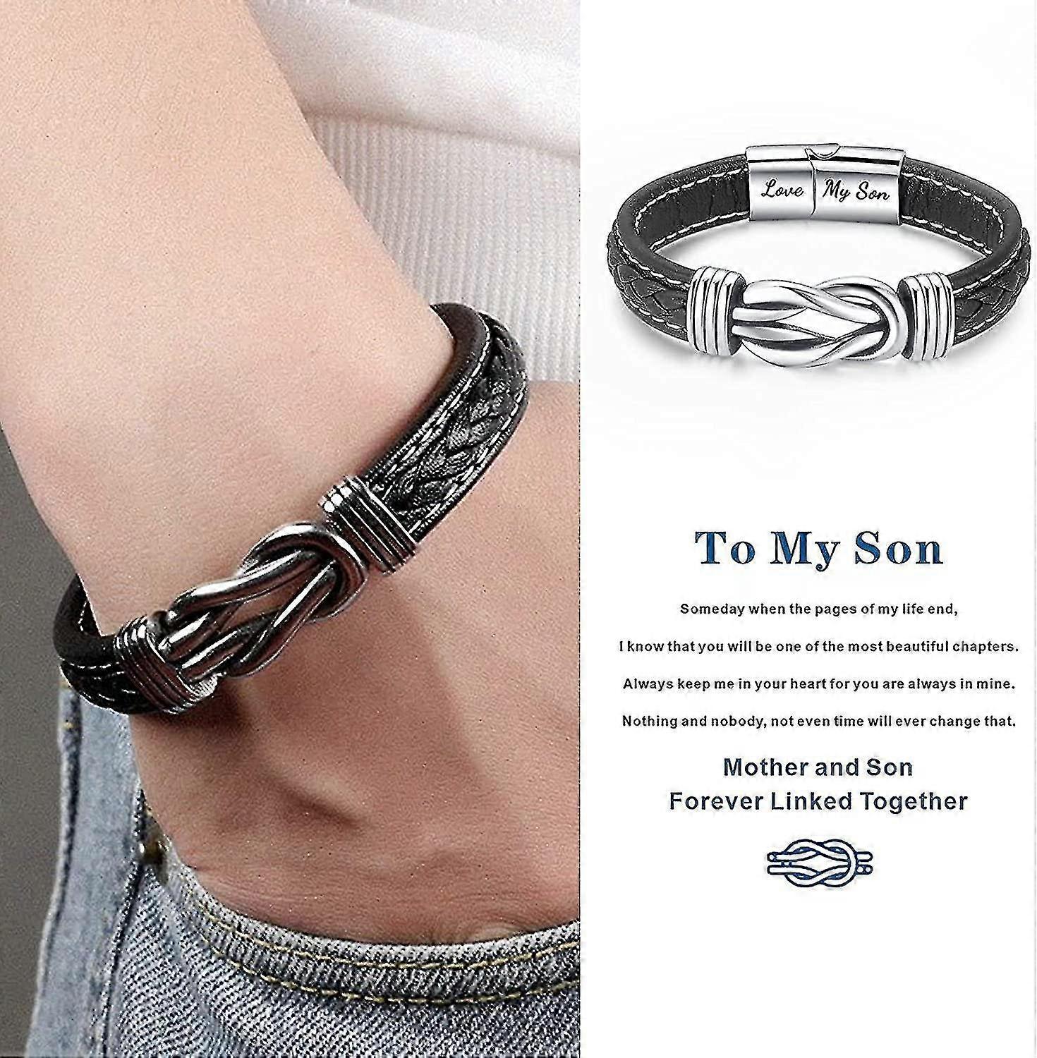 Mother And Son Forever Linked Together Braided Leather Bracelet, Men's Stainless Braided Leather ...