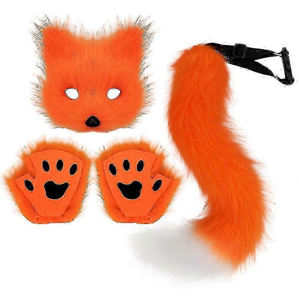 Set Simulation Fox Mask Gloves Plush Fox Tail Handmade Beast Tail ...