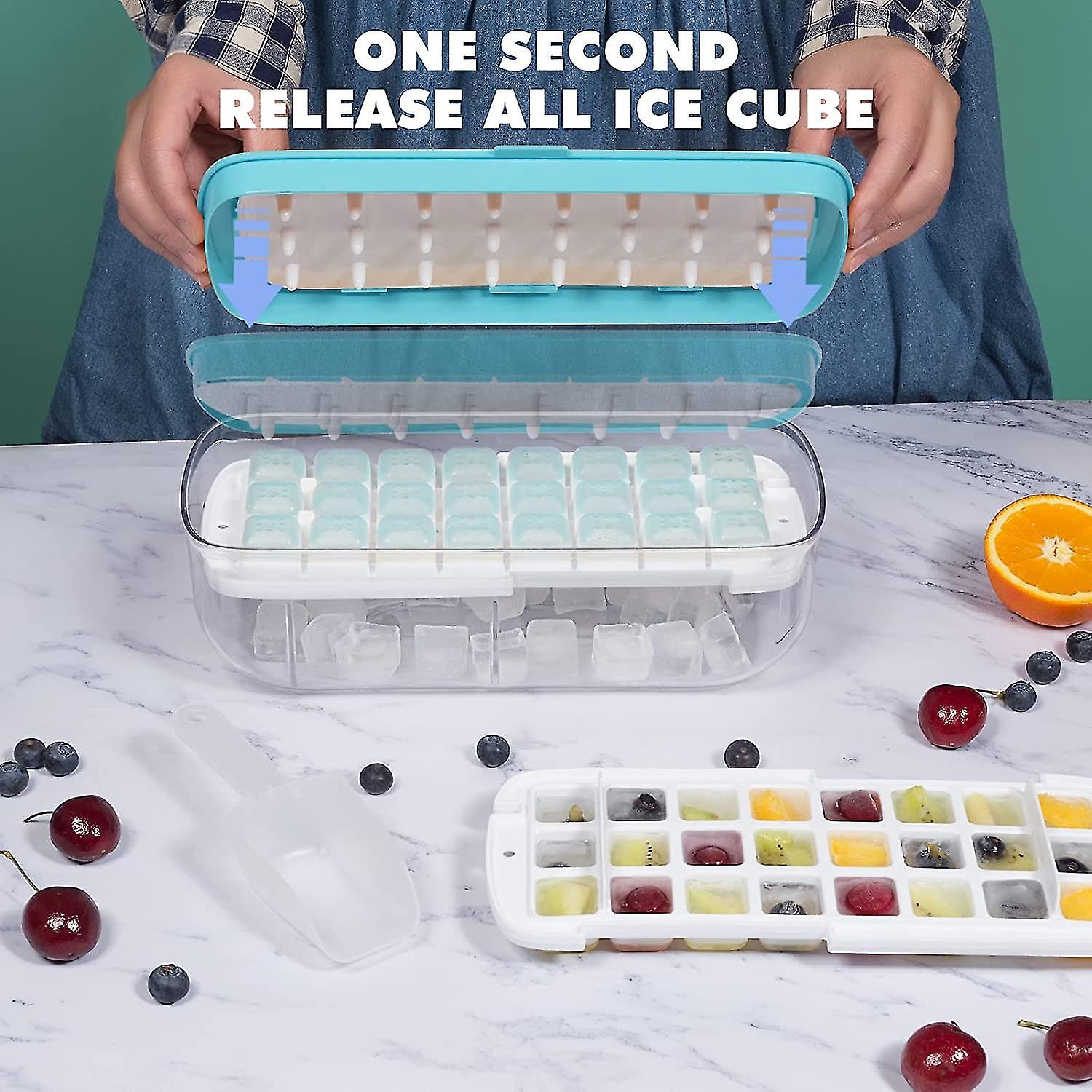 Silicone Ice Cube Tray With Lid And Bin, 48 Grids Press Type Ice Cube ...