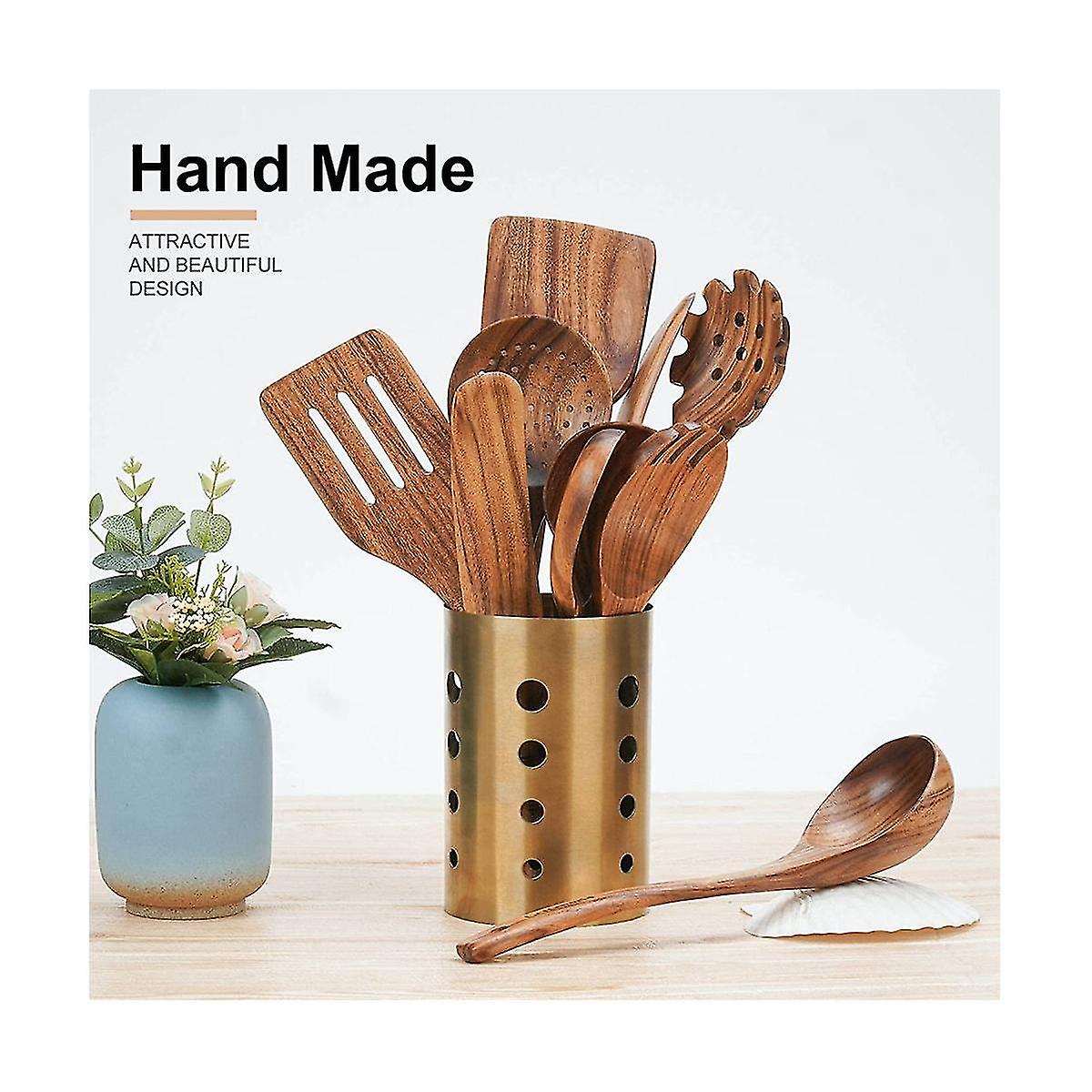 Wooden Cooking Utensils, Kitchen Utensils Set With Holder Teak Wood ...