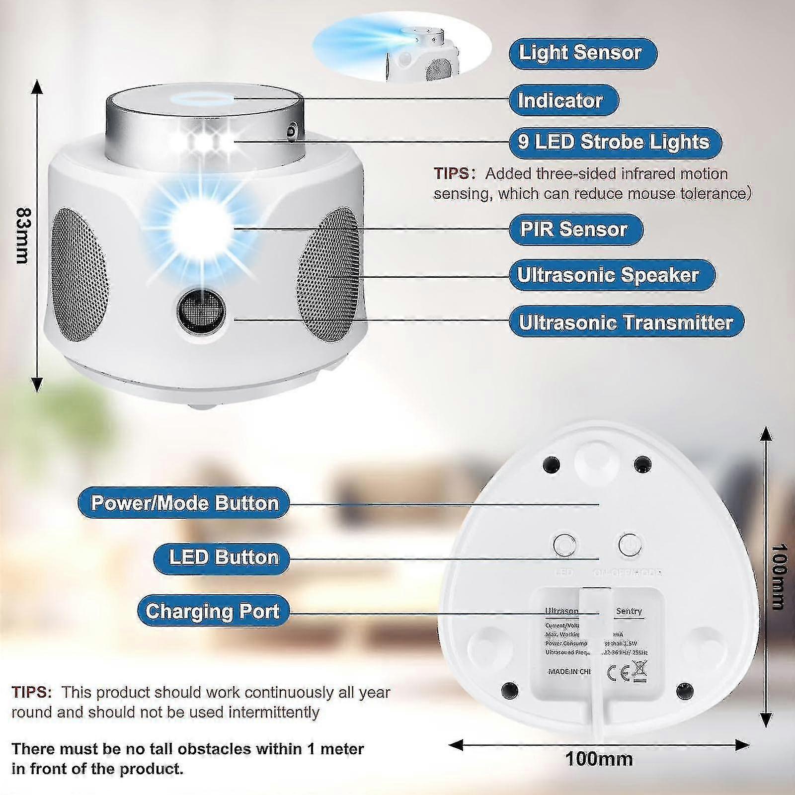 4 In 1 Rodent Repellent 360 Ultrasonic With 9 Strobe Lights And Pir ...