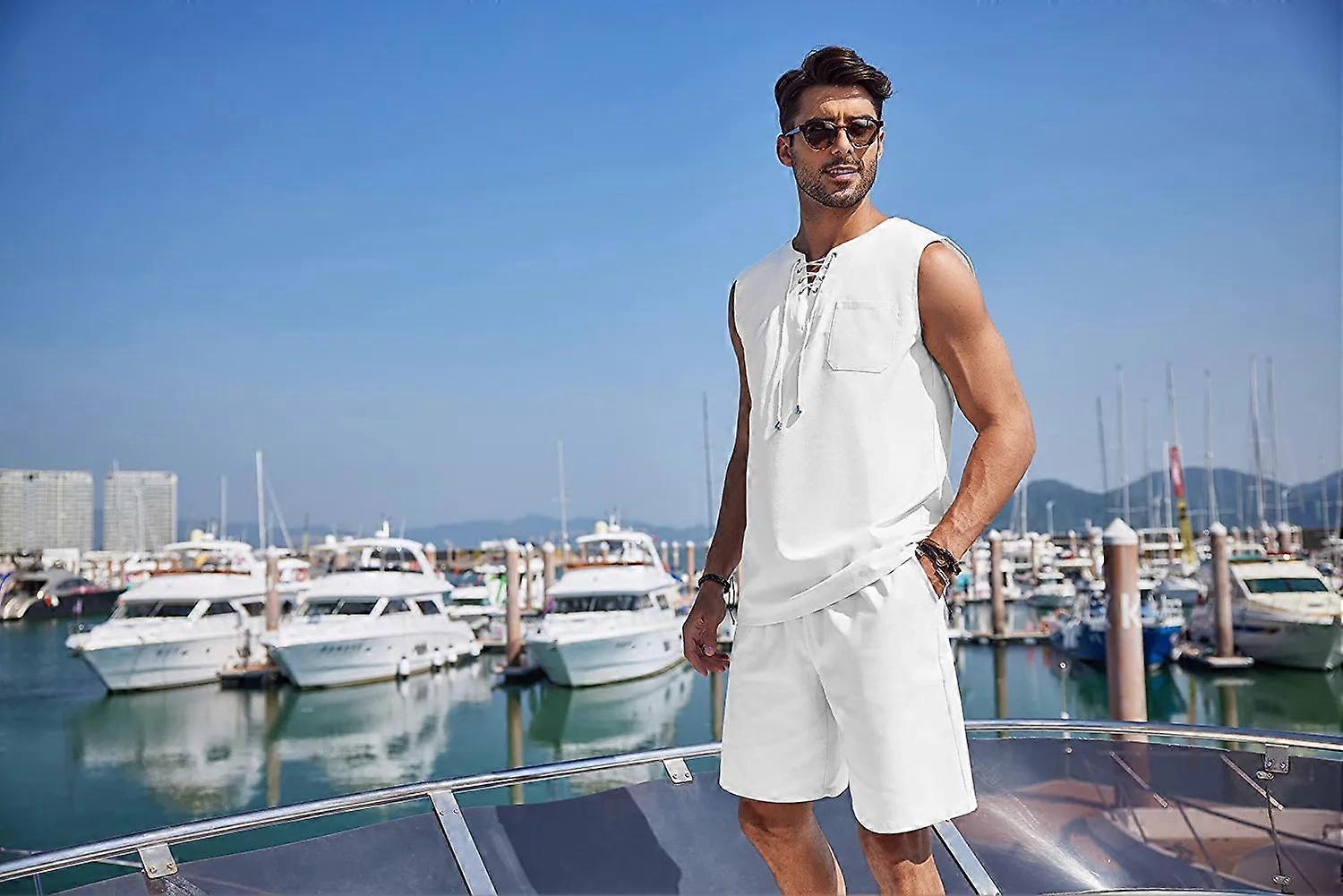 Mens Linen Sets Outfits 2 Piece Beach Drawstring Tank Tops Sleeveless ...