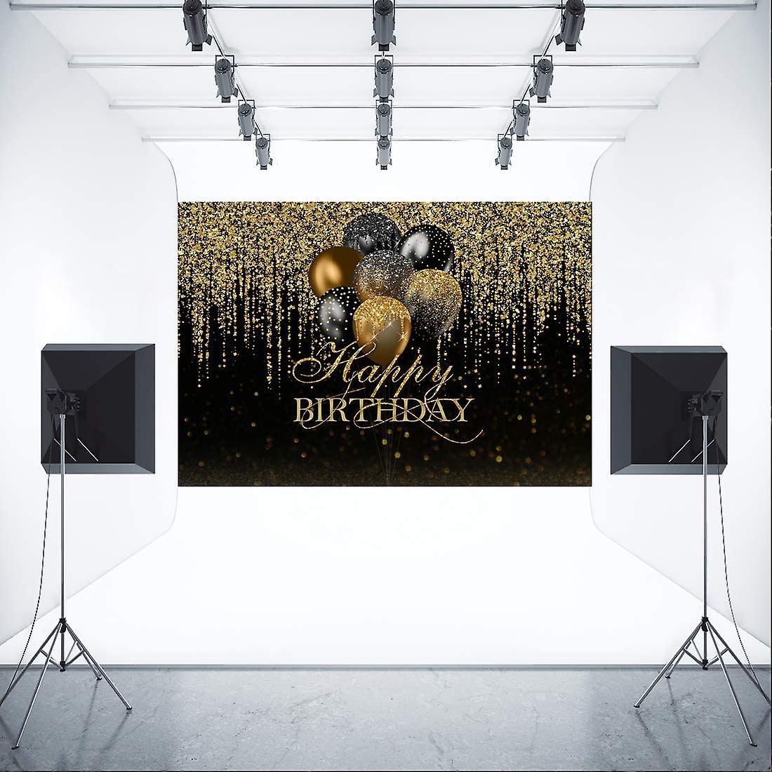 Ubiuo 7x5ft Happy Birthday Backdrop Glitter Black And Gold Bokeh Balloons Golden Sparkle Sequin ...