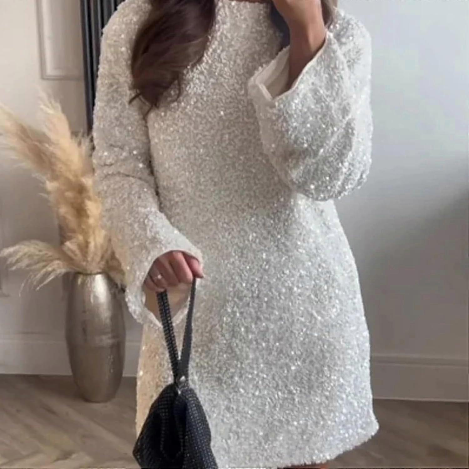 Women's Sequined Dress Ribbon Long Sleeve Party Night Out Club Festival ...