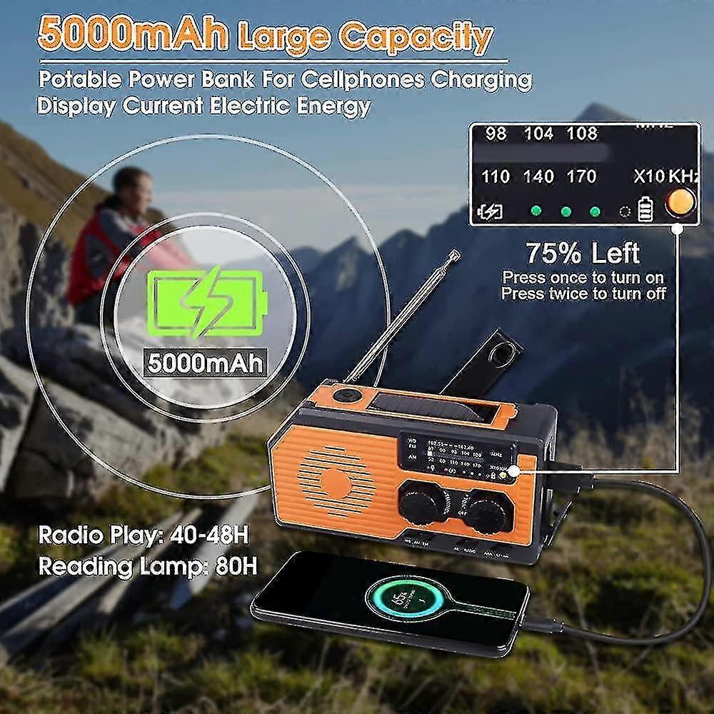 Solar Powered Radio, 5000mah Waterproof Rechargeable Portable Dynamo ...