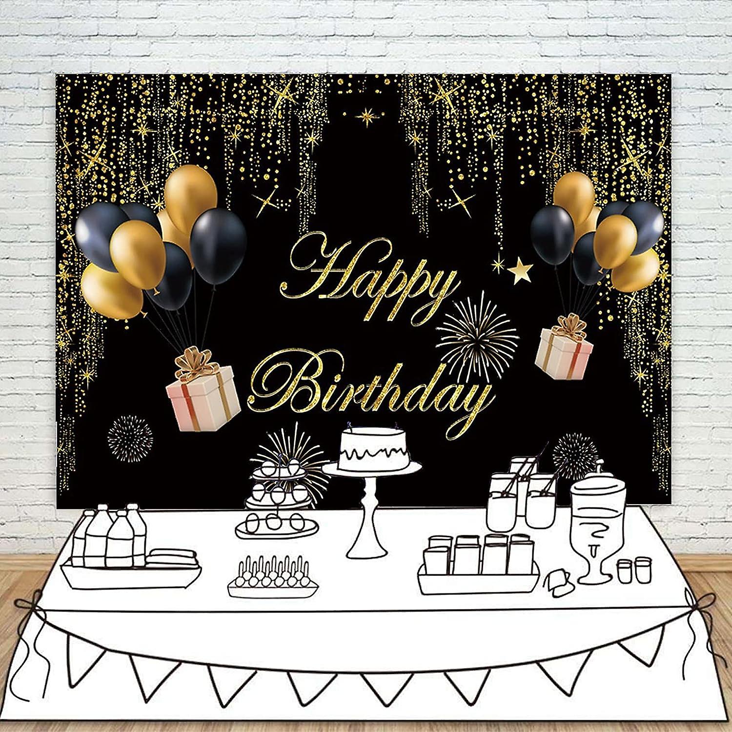 Glitter Gold Happy Birthday Backdrop Black Gold Balloons Birthday ...