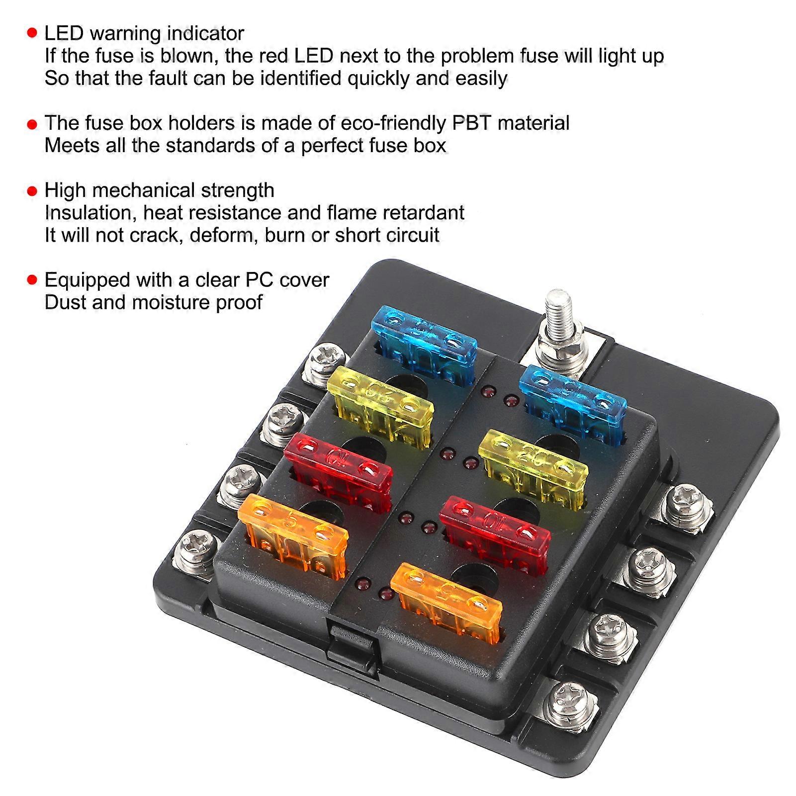 8-Way Screw Nut Terminal Fuse Box Blade Fuse Block Holders with LED ...