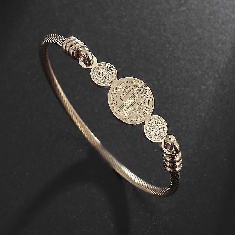 Catholic San Benito Women\\ S Open Bracelet Stainless Steel Saint Benedict Medal Jesus Cross ...