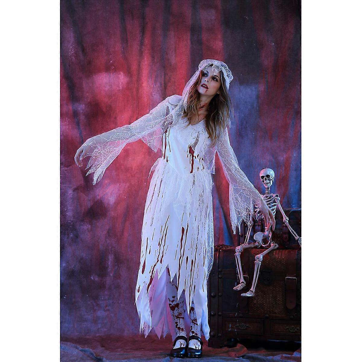 Adult Women's Irregular Blood Corpse Bride Halloween Long Dress Party ...