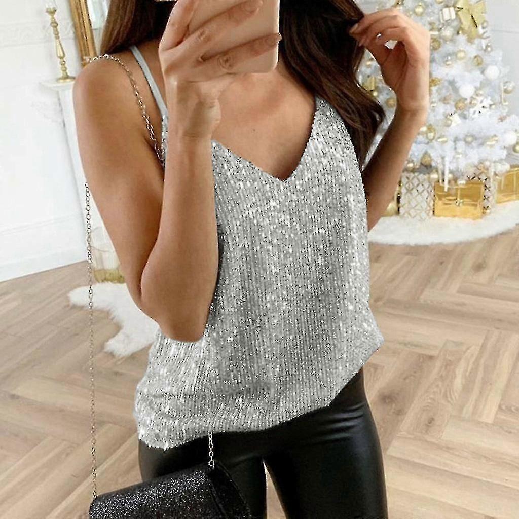Womens Glitter Strappy Tank Tops Sexy Sparkle Cami Swing Vest Clubwear ...