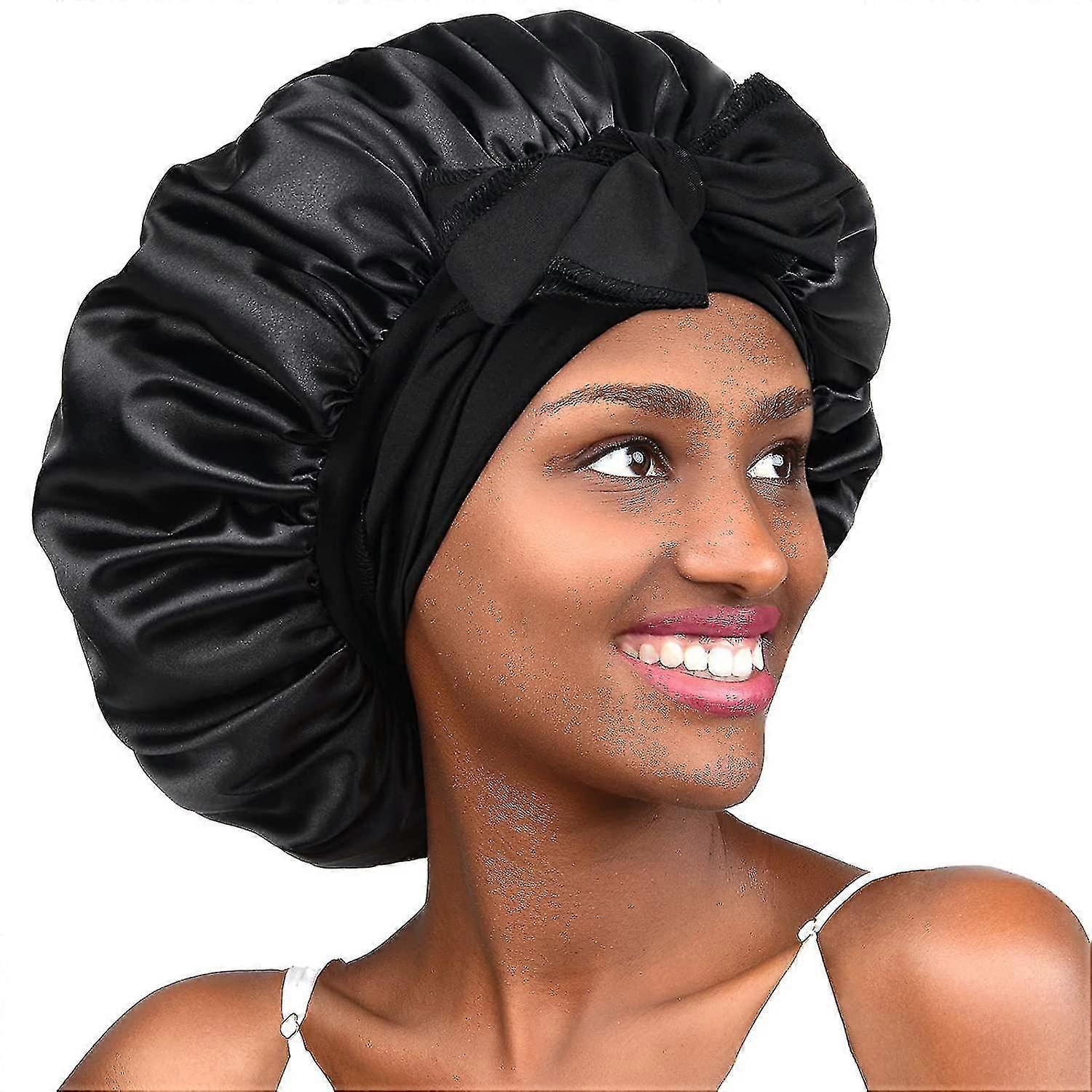 Black Silk Satin Bonnet For Sleeping Double Layer Satin Lined Hair ...