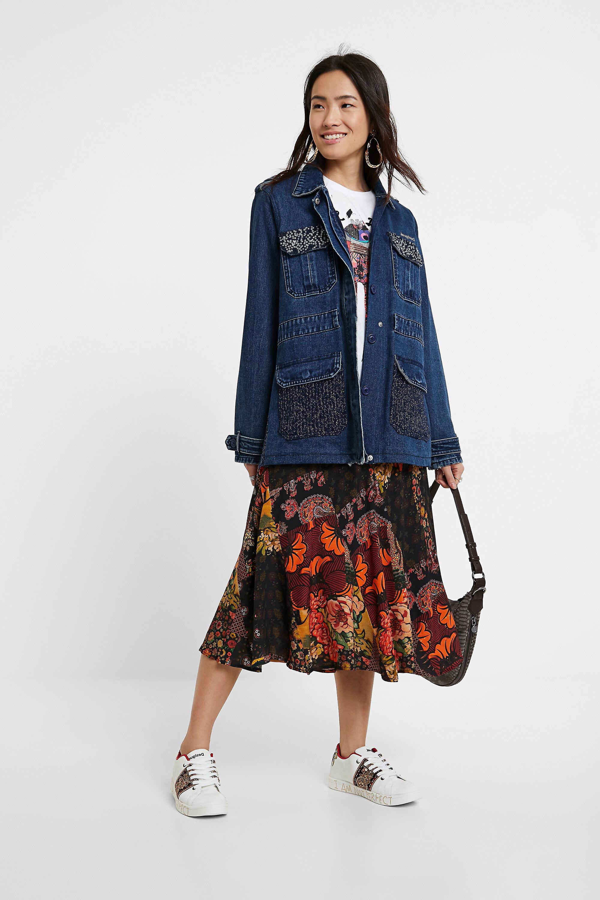 Desigual Mizuki Blue Denim Belted Parka Jacket with Knit Back 20WWED10 ...