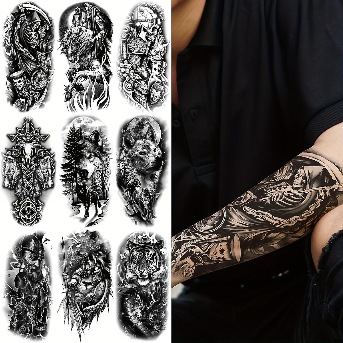Junge* Half Arm Temporary Tattoo Stickers, Skull Wolf Tiger Bridal ...